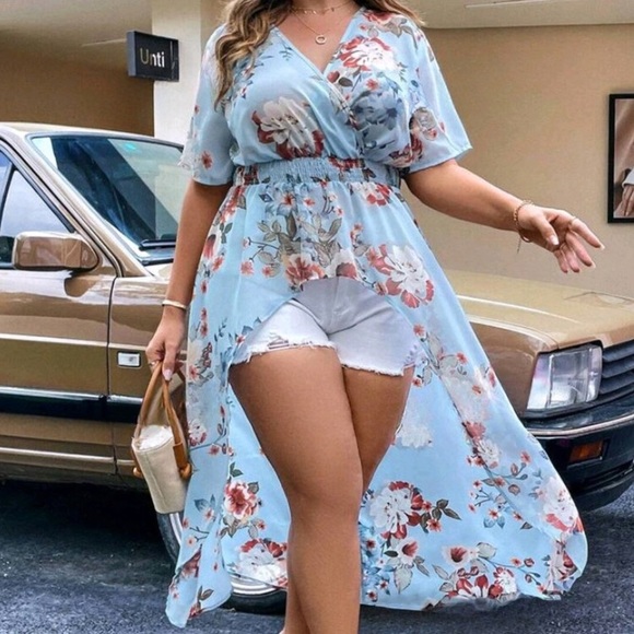 SHEIN | Tops | Floral Asymmetrical Flowy Blouse Nwt Blue Floral High ...